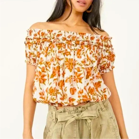 Free People | Tops | Free People Suki Blouse New Tan Peach Floral ...